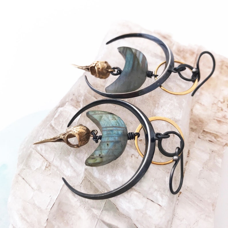 Inverted Crescent Moon With Hummingbird Skull Earrings - Etsy