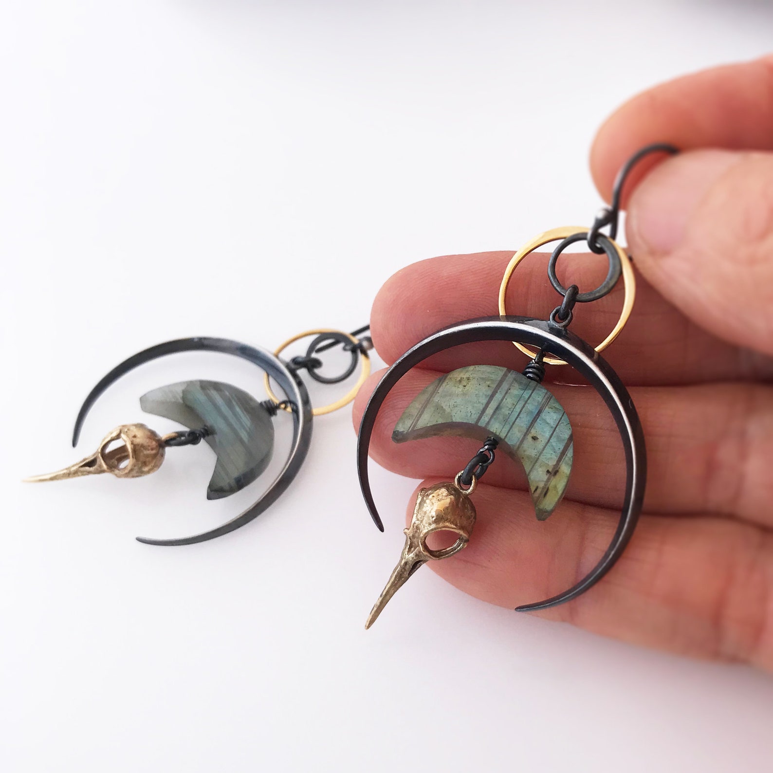 Inverted Crescent Moon With Hummingbird Skull Earrings - Etsy