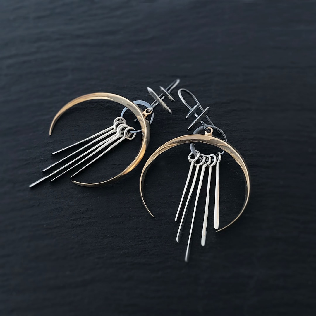 Inverted Crescent Moon Earrings With Spikes Oxidized - Etsy