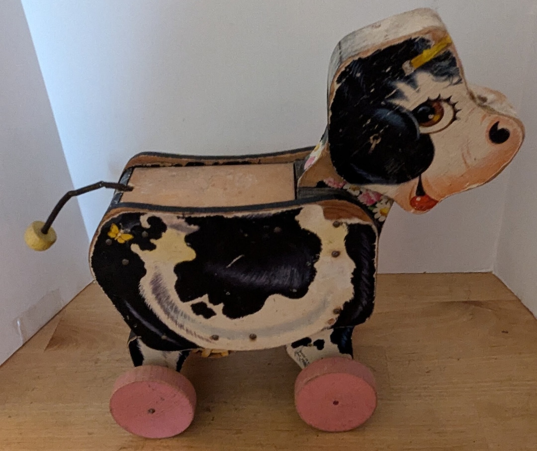 Fisher Price Molly Moo Cow Wood Pull Toy Black, White Hereford Milk Cow ...