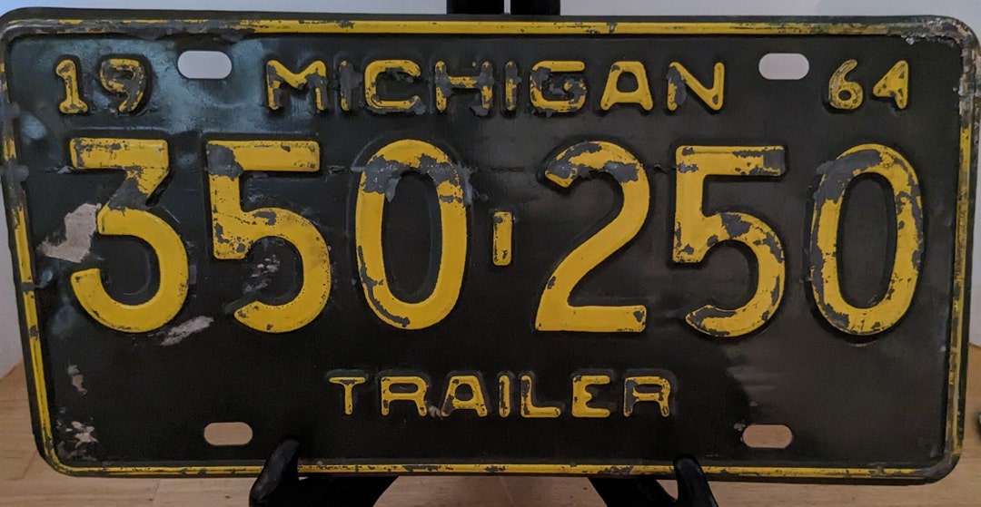 License Plate Metal Michigan Trailer 1964 Yellow on Black 350 250 137 ...