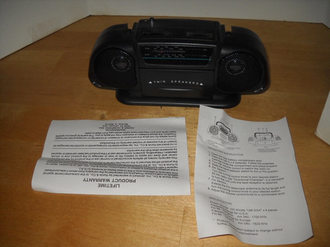 Radio Mini Baby Boombox Konik AM FM Twin Speakers Black 7 Wide on Stand ...