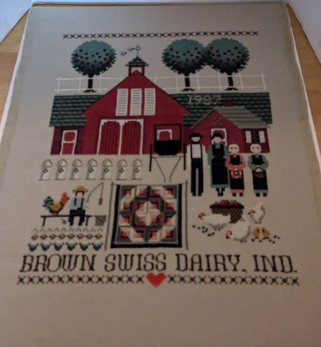 Cross Stitch Ready to Frame 16" T 14" W "brown Swiss Dairy, Ind" Amish ...