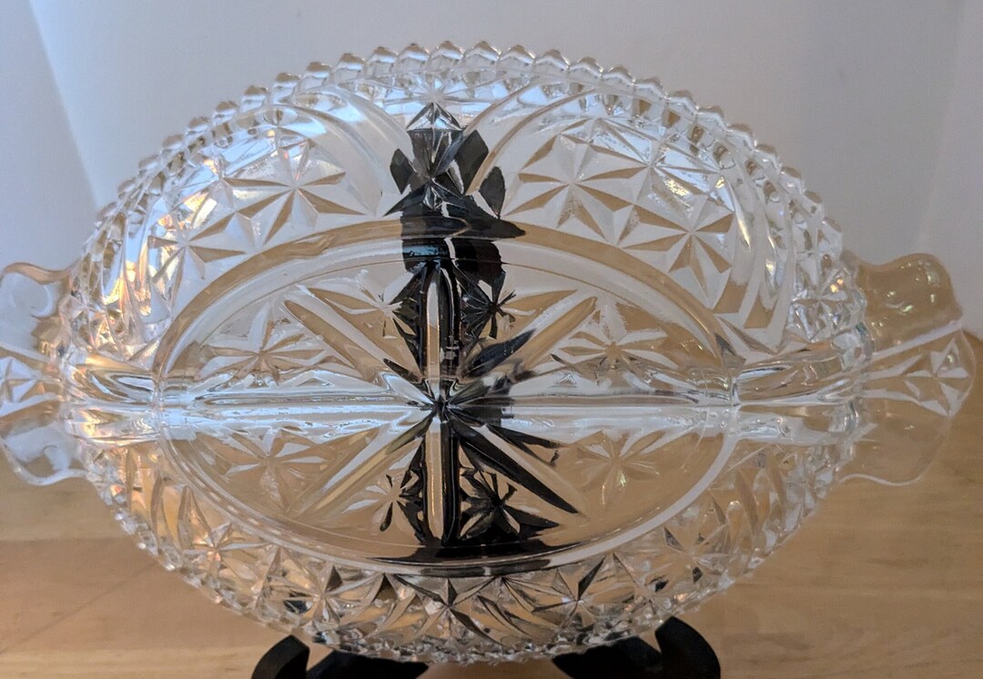 Bowl Oval Divided Brilliant Cut Glass Sawtooth Rim Handles Unbranded ...