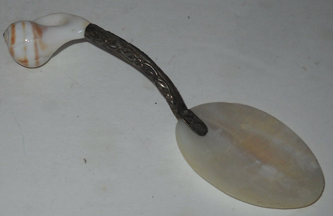 Oyster Spoon Mother of Pearl Bowl Vintage Snail Metal Handle 4.5 Inches ...