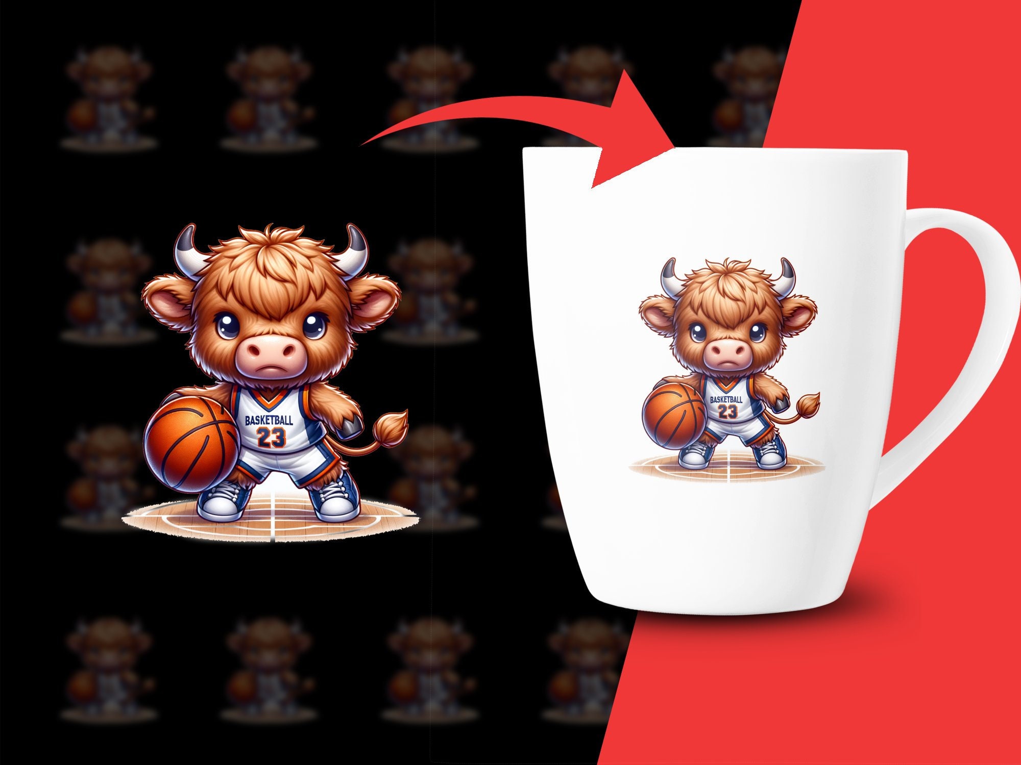 Cute Basketball Bull Highland Cow PNG Cartoon Character, Digital ...
