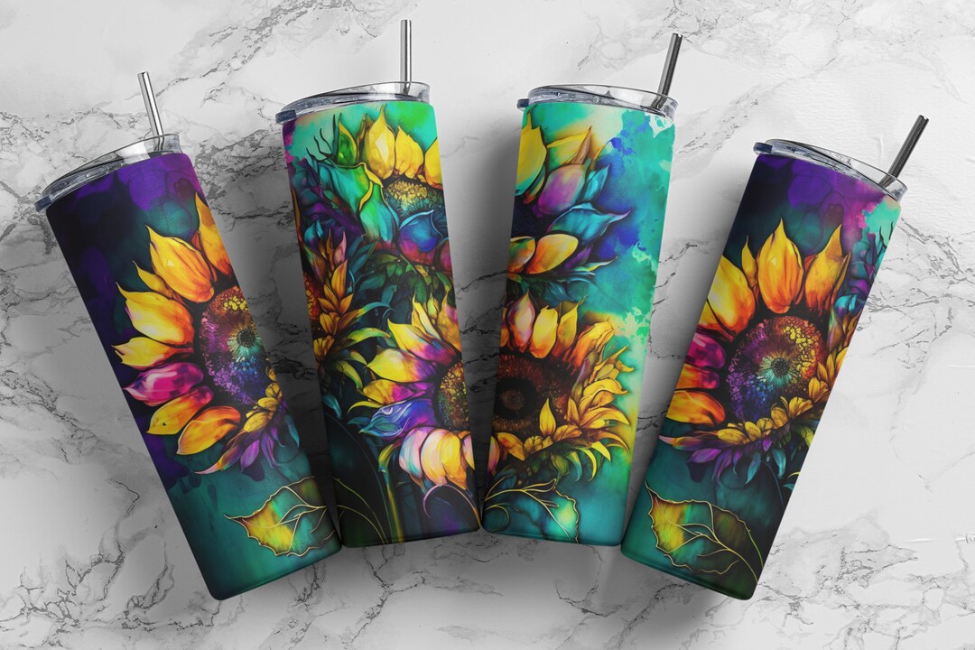 Alcohol Ink Sunflowers 20oz Sublimation Tumbler Wrap, Neon Rainbow ...