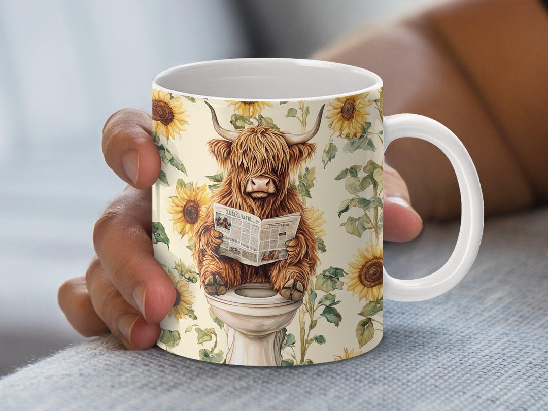 Highland Cow Reading Newspaper Mug Wrap, Sunflower Mug Design, Cute ...