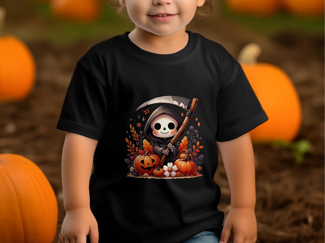 Cute Grim Reaper and Pumpkins Halloween Digital Art, Spooky Fall Decor ...