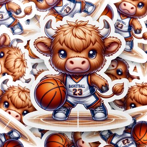 Cute Basketball Bull Highland Cow PNG Cartoon Character, Digital ...
