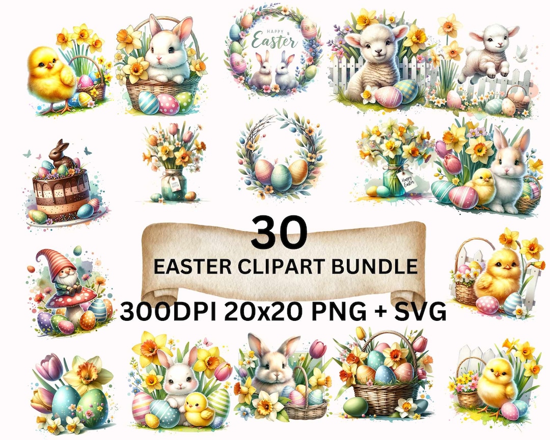 30 Easter Clipart Bundle, Cute Bunny and Egg SVG and PNG, Digital ...