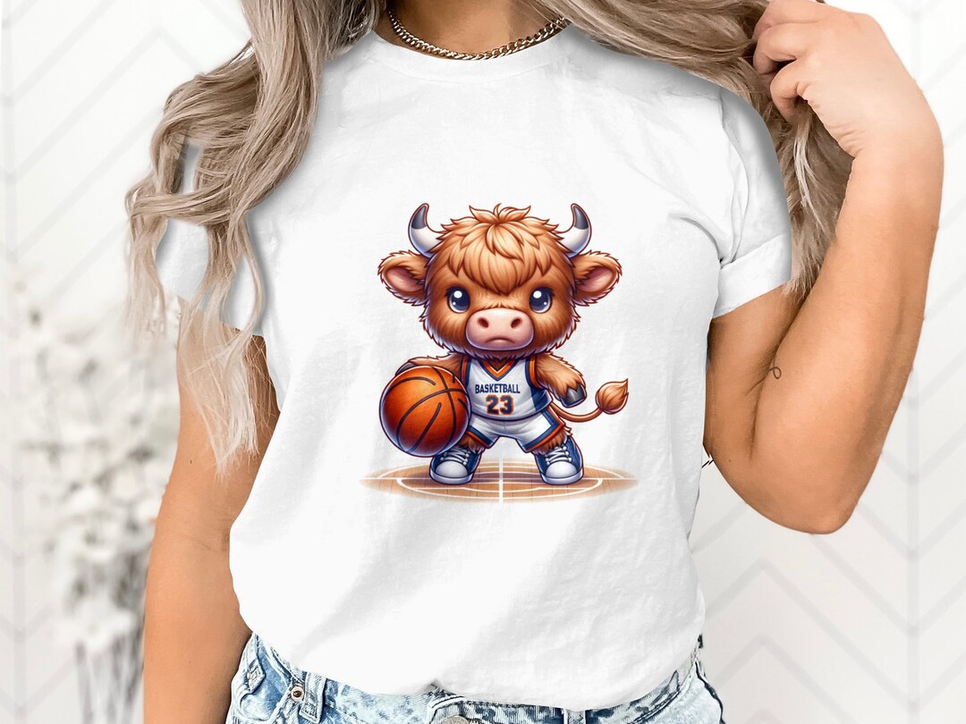 Cute Basketball Bull Highland Cow PNG Cartoon Character, Digital ...