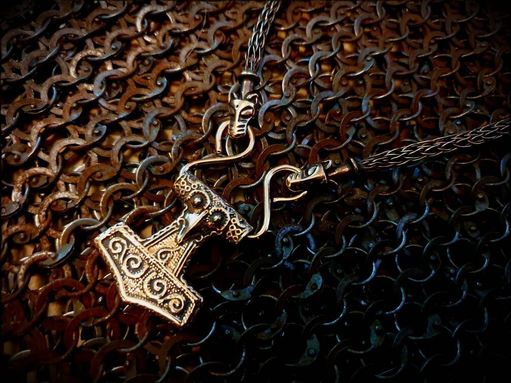 Bronze Raven Mjolnir Thors Hammer From Skane With Viking Knit Chain - Etsy
