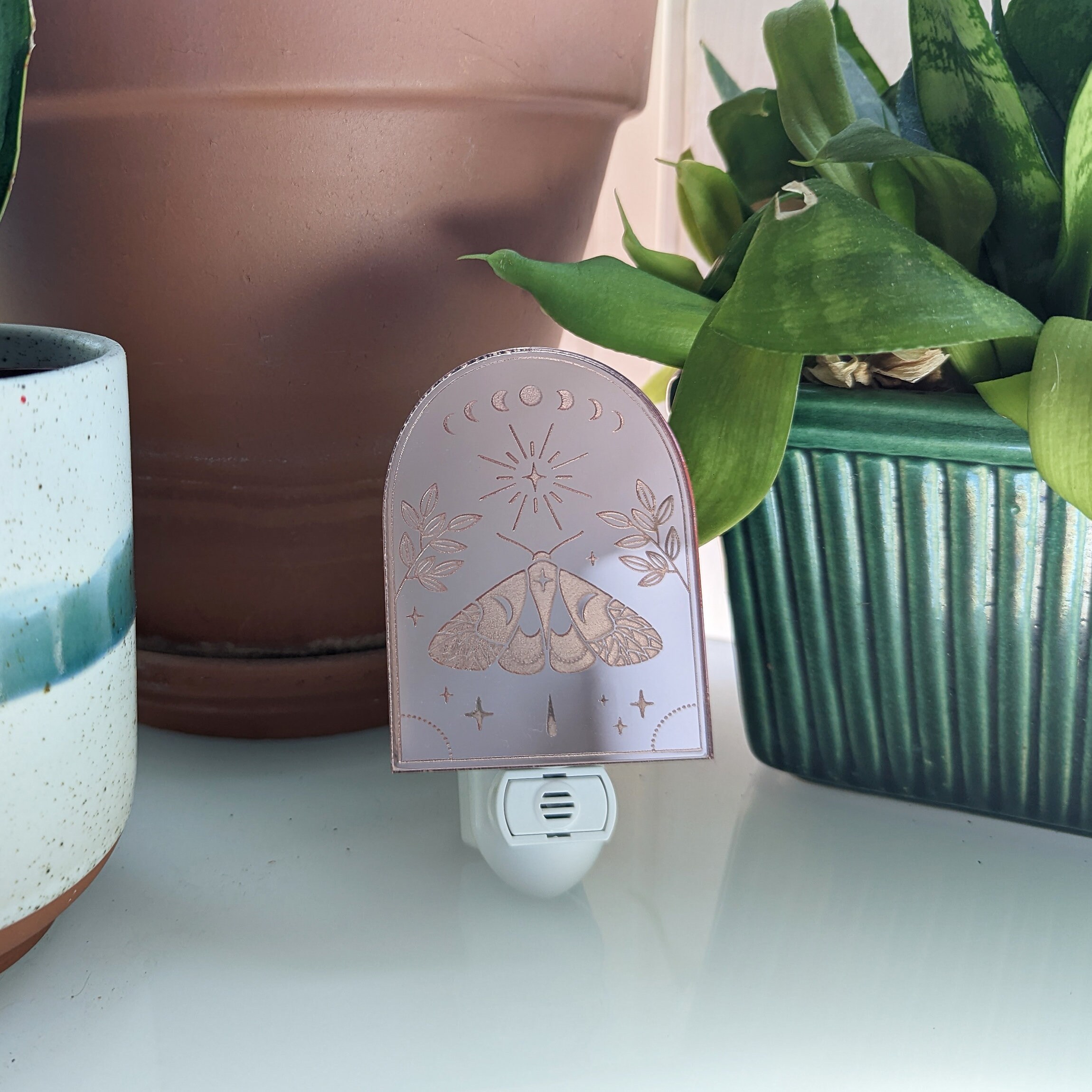 Moons and Moth Mirrored Acrylic Night Light - Rose Gold - Etsy