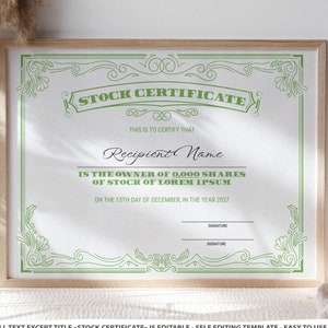 EDITABLE Stock Certificate Template Printable Certificate of | Etsy