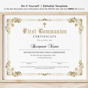 First Communion Certificate Template Editable Printable Gold - Etsy