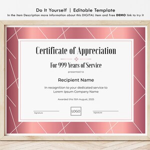 25 Years of Service EDITABLE Certificate of Appreciation - Etsy