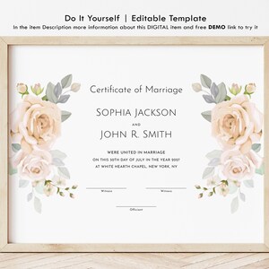 Wedding Certificate Template, Editable Certificate of Marriage Keepsake ...