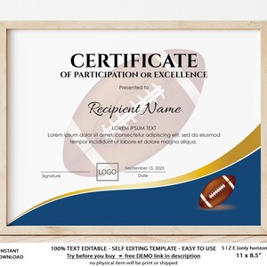 Editable American Football Certificate Template, Sports Certificate ...