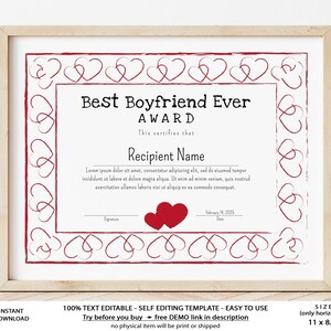 Best Boyfriend Ever Award Certificate Template Printable | Etsy