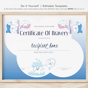 Editable Dentist Certificate of Bravery Kids Certificate Template ...