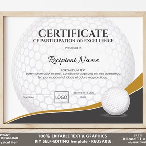 EDITABLE Golf Certificate Template, Sports Certificate Award, Printable ...