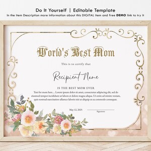 Editable Best Mom Certificate Template Mother's Day Certificate Best ...
