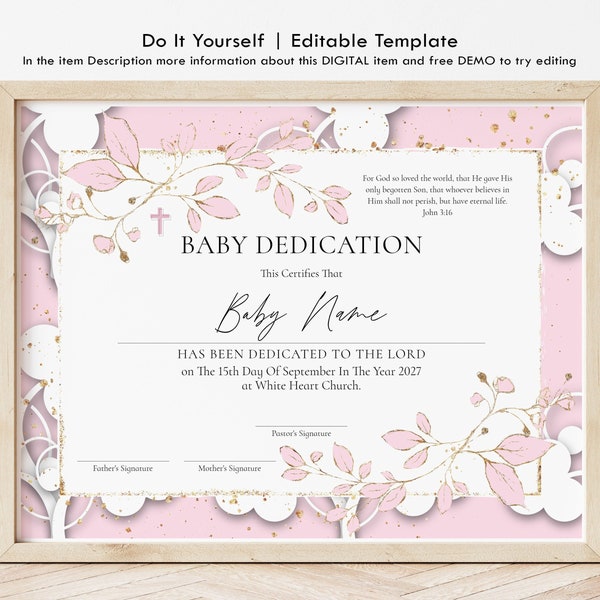 Pink Baby Dedication Certificate - Etsy