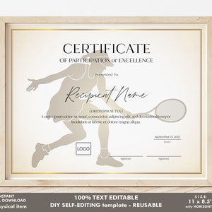 Woman's Tennis Certificate Award Template, Woman With Tennis Racket ...