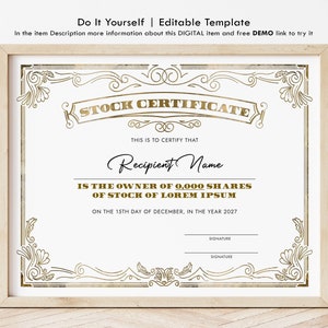EDITABLE Stock Certificate Template Printable Certificate of - Etsy