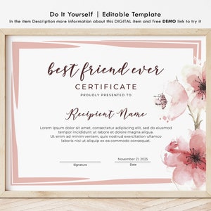 Editable Best Friend Forever Certificate Template, Personalized Gift ...
