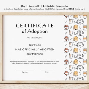 EDITABLE Puppy Adoption Certificate Template, Dog Owner's Certificate ...