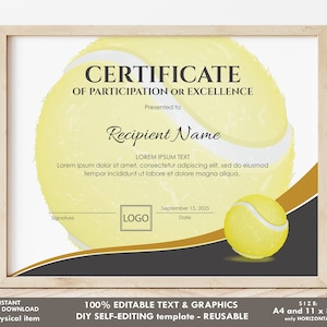 EDITABLE Tennis Certificate Template, Sport Award Certificates ...