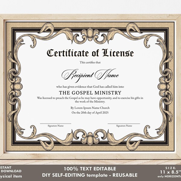 Minister License Certificate Template - Etsy