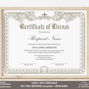 Editable License to Preach Template Printable Certificate of - Etsy