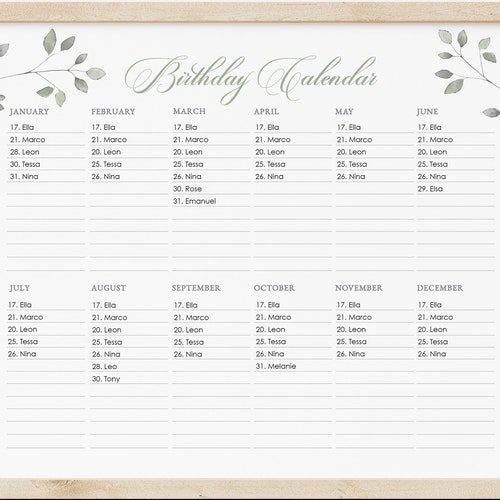 Editable Printable Perpetual Birthday Calendar Minimalist - Etsy Australia