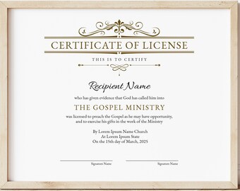 Editable License to Preach Template Printable Certificate of | Etsy
