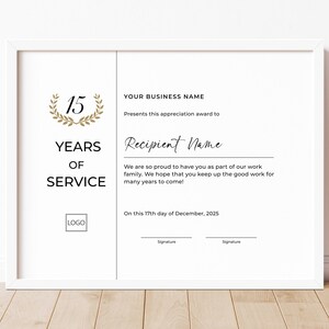 15 Years of Service Anniversary Award Certificate of Appreciation ...