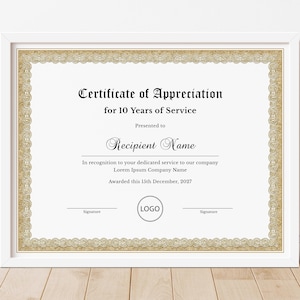 Years of Service Certificate of Appreciation Template, Editable Printable Corporate Employee ...