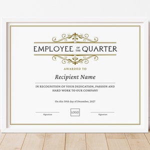 Editable Employee of the Quarter Award Certificate Template Printable Employee Appreciation ...