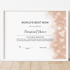 Editable Best Mom Certificate Template Mother's Day Certificate Best ...