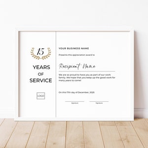 15 Years of Service Anniversary Award Certificate of Appreciation ...