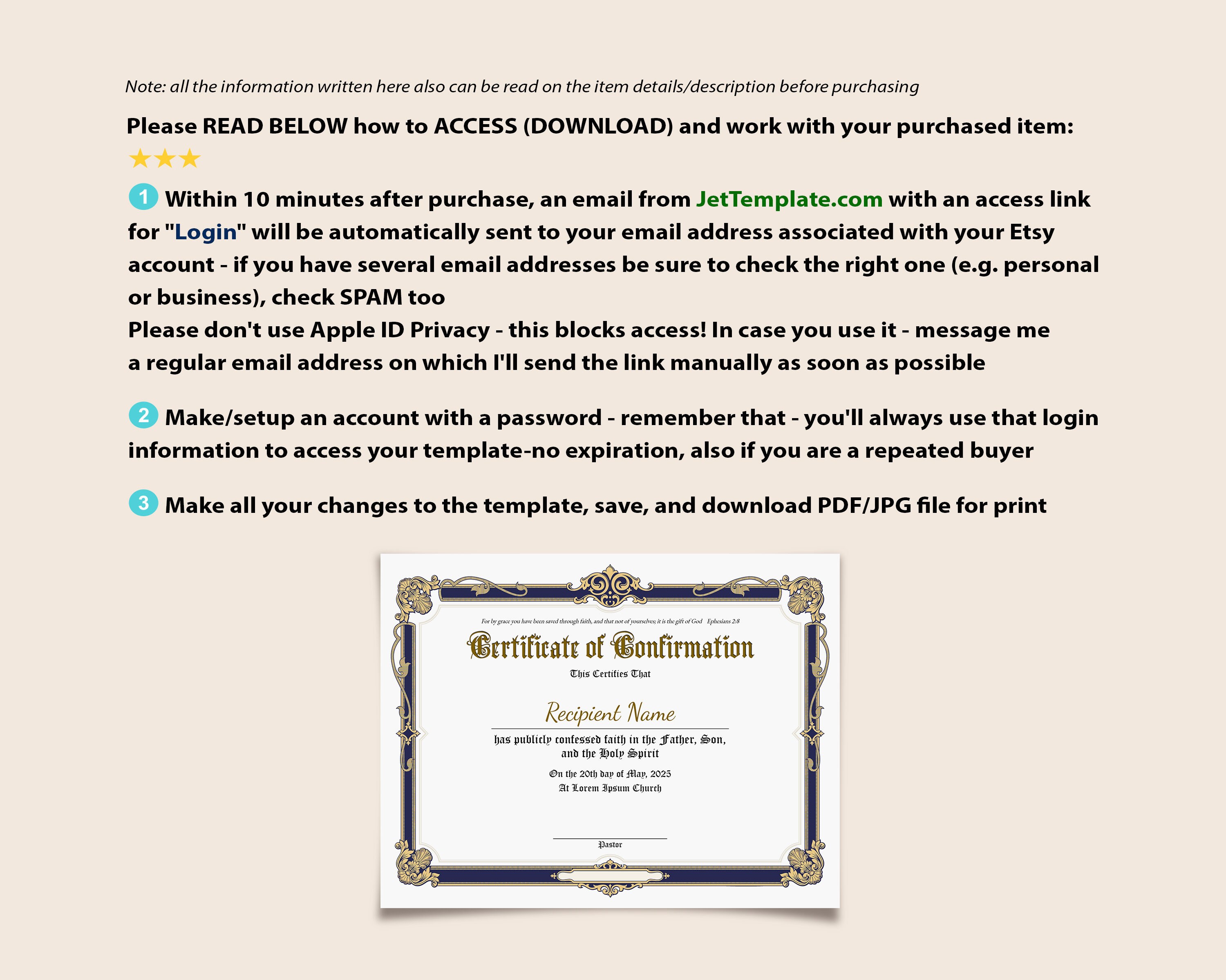 Editable Confirmation Certificate Template Printable - Etsy