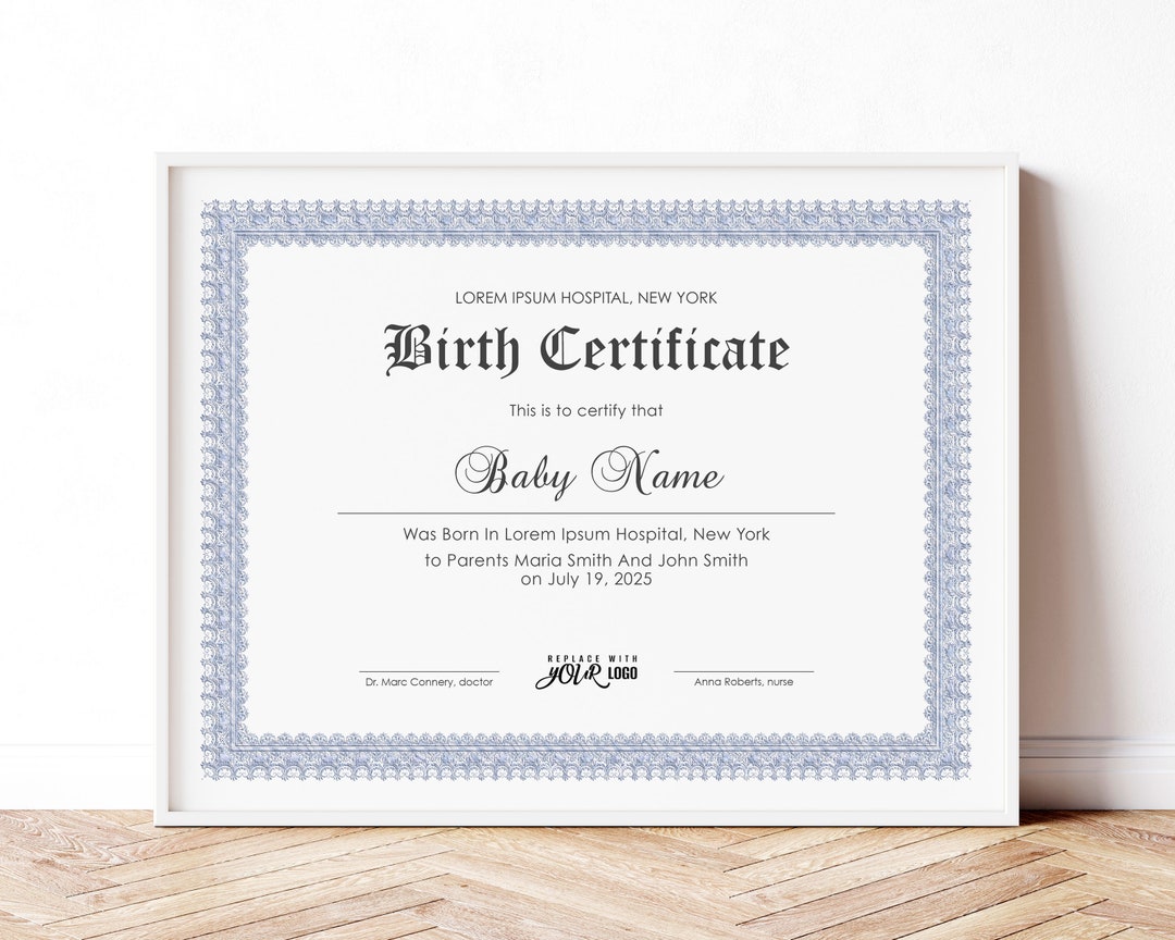 Birth Certificate Template Printable Certificate of Birth Baby Boy Gift ...