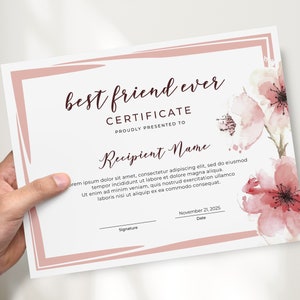 Editable Best Friend Forever Certificate Template, Personalized Gift ...