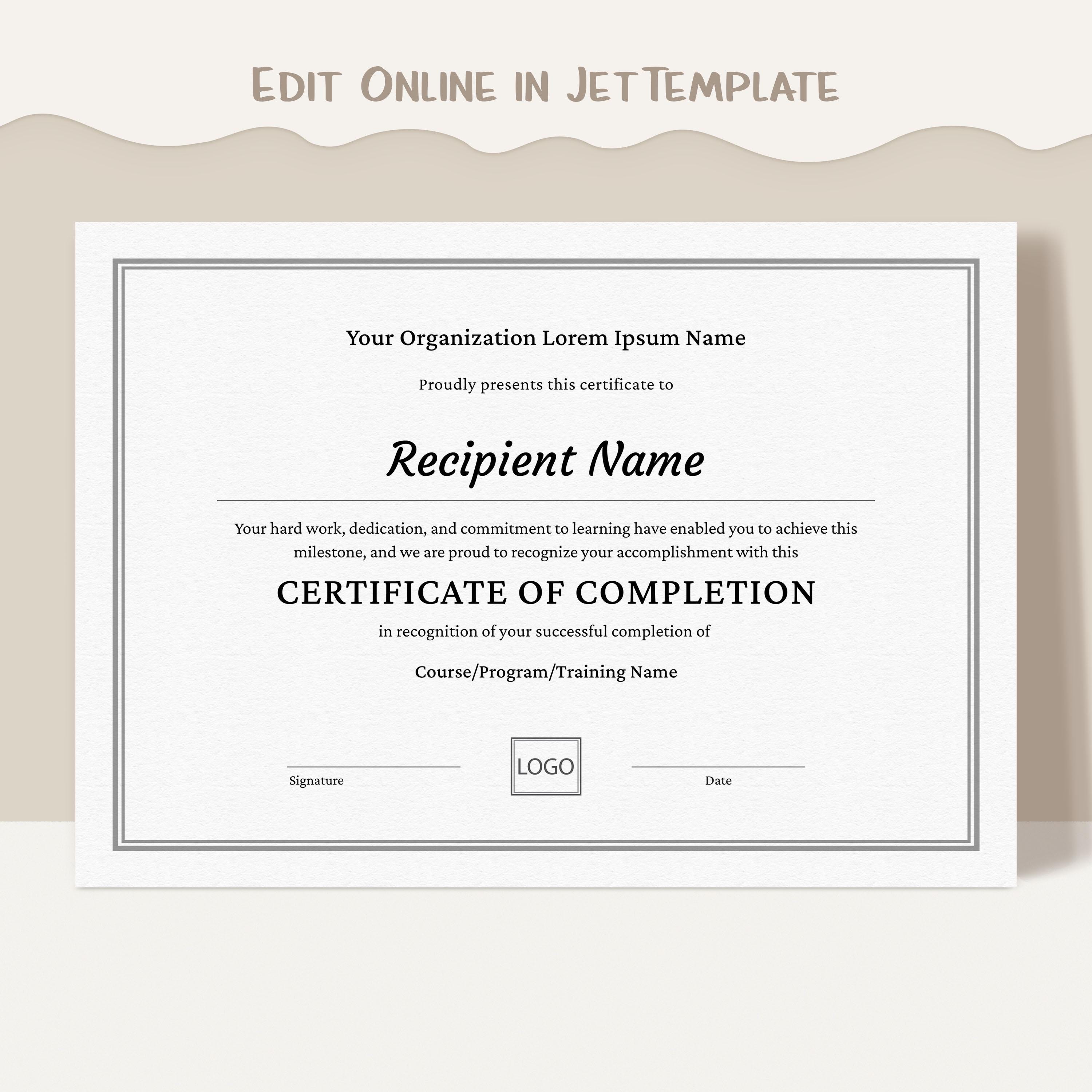 EDITABLE Certificate of Completion, Training Course Completion ...