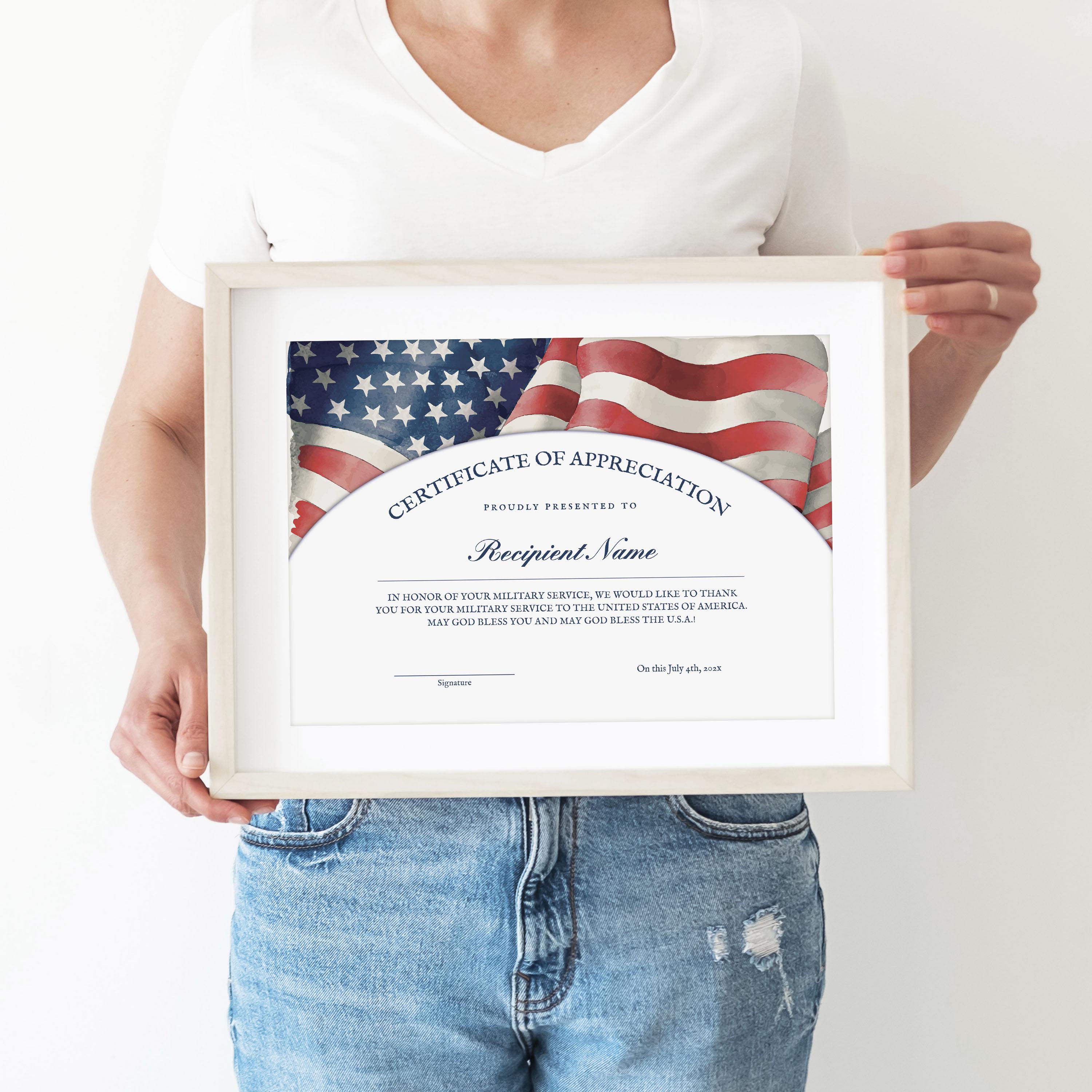 American Appreciation Certificate, Honoring Military Service ...