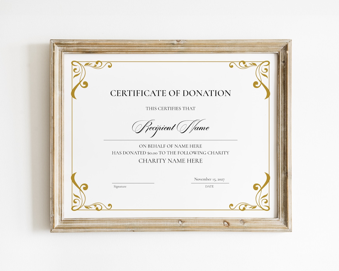 Editable Certificate of Donation Template, Printable Charity Donation ...