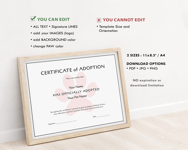 EDITABLE Puppy Adoption Certificate Template Paw Dog - Etsy