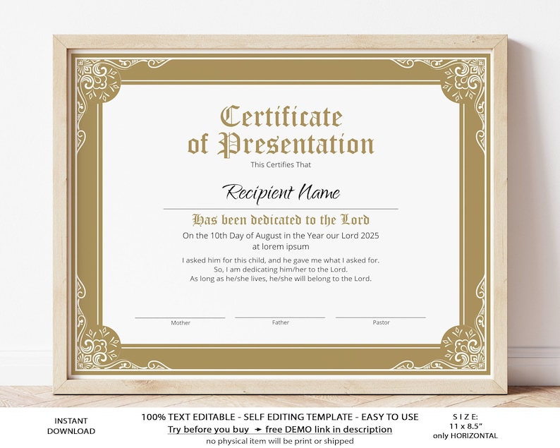 Editable Certificate of Presentation Template Printable - Etsy